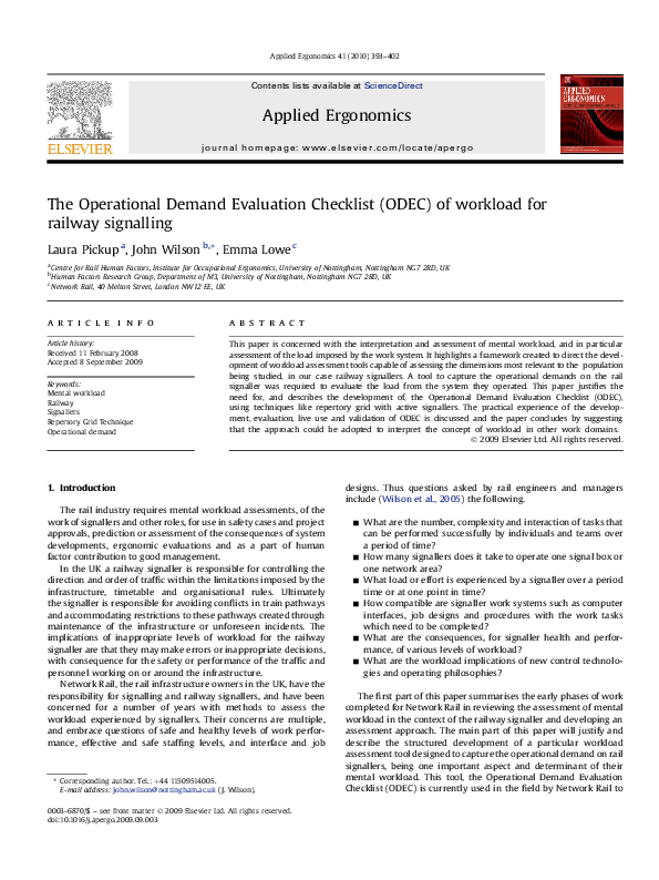 The Operational Demand Evaluation Checklist (ODEC) of workload for ...