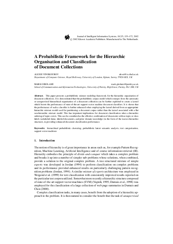 (PDF) A Probabilistic Framework for the Hierarchic Organisation and Classification of Document ...