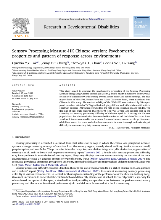 (PDF) Sensory Processing Measure-HK Chinese version: Psychometric ...