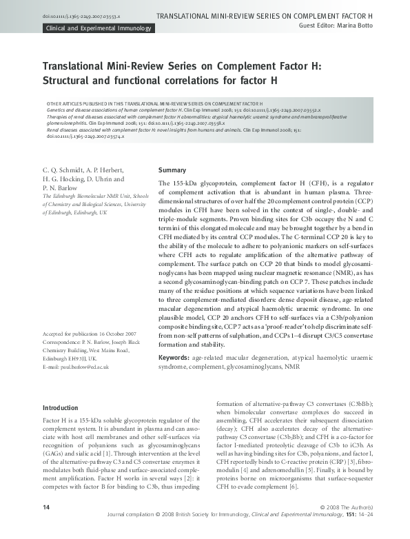 (PDF) Translational Mini-Review Series on Complement Factor H: Structural and functional ...