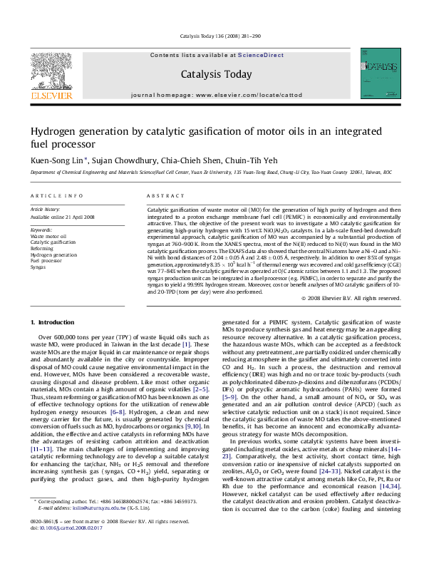 (PDF) Hydrogen generation by catalytic gasification of motor oils in an ...