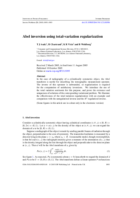 (PDF) Abel inversion using total variation regularization: applications