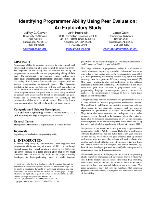(PDF) Identifying Programmer Ability Using Peer Evaluation: An Exploratory Study