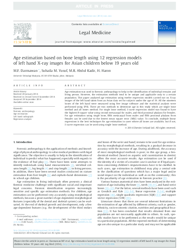 Pdf Age Estimation Based On Bone Length Using 12 Regression Models Of Left Hand X Ray Images