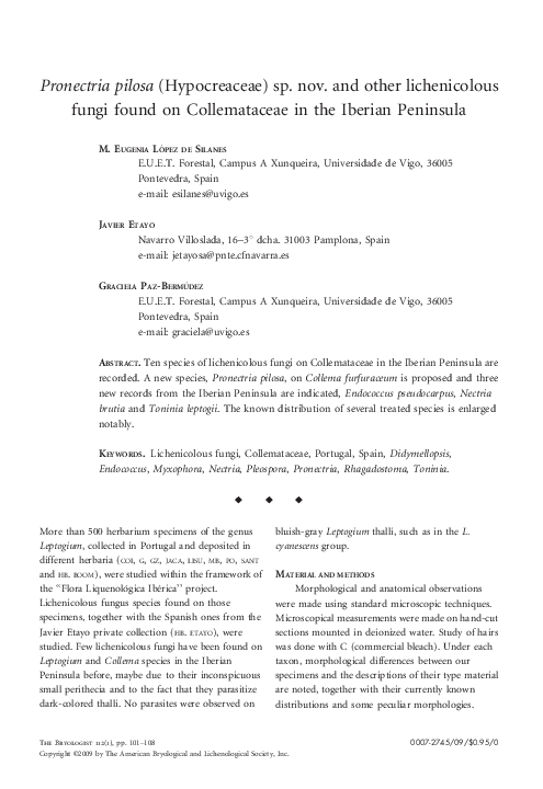 (PDF) Pronectria pilosa (Hypocreaceae) sp. nov. and other lichenicolous ...