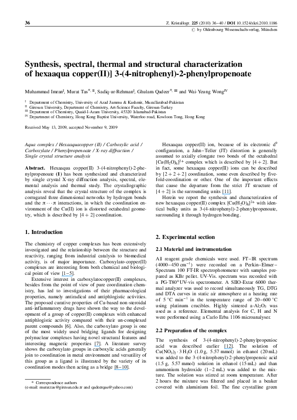 (PDF) Synthesis, spectral, thermal and structural characterization of ...