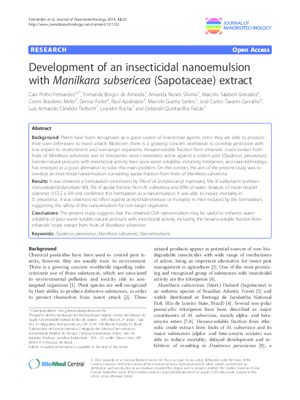 (PDF) Development of an insecticidal nanoemulsion with Manilkara ...