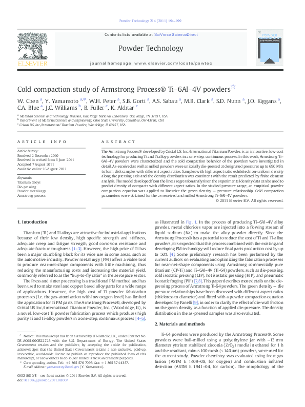 (PDF) Cold compaction study of Armstrong Process® Ti–6Al–4V powders