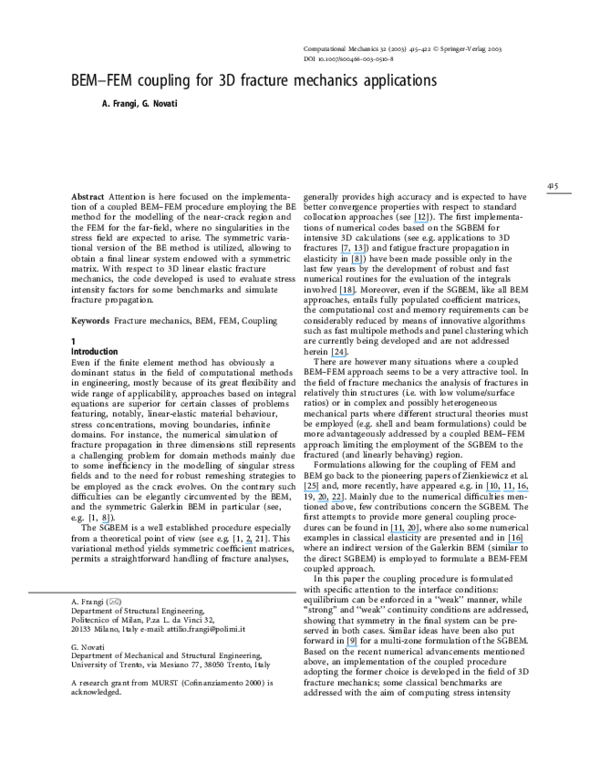 (PDF) BEM–FEM coupling for 3D fracture mechanics applications