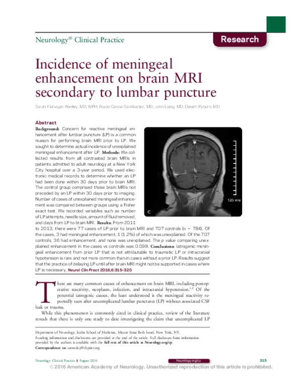 (PDF) Incidence of meningeal enhancement on brain MRI secondary to ...