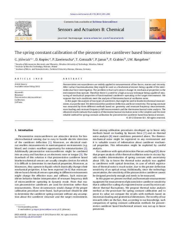 Pdf The Spring Constant Calibration Of The Piezoresistive Cantilever Based Biosensor