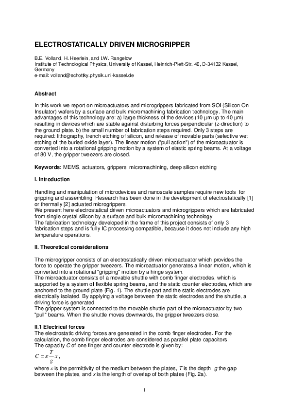 Pdf Electrostatically Driven Microgripper