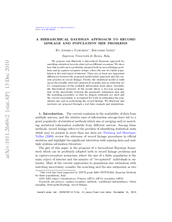 (PDF) A hierarchical Bayesian approach to record linkage and population size problems