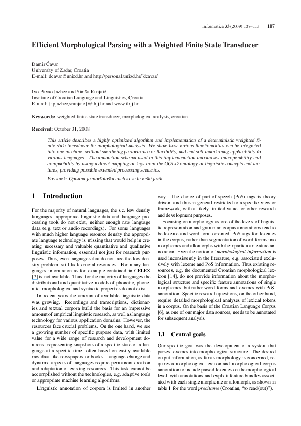 Pdf Efficient Morphological Parsing With A Weighted Finite State