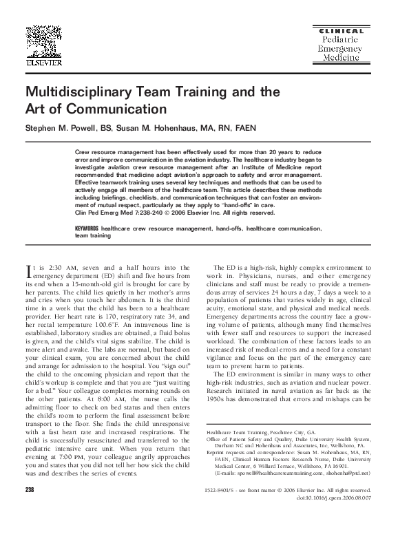 (PDF) Multidisciplinary Team Training and the Art of Communication