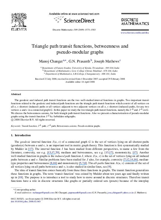 Pdf Triangle Path Transit Functions Betweenness And Pseudo Modular