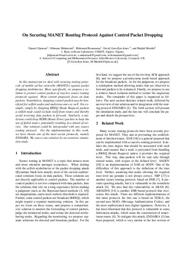 Pdf On Securing Manet Routing Protocol Against Control Packet Dropping
