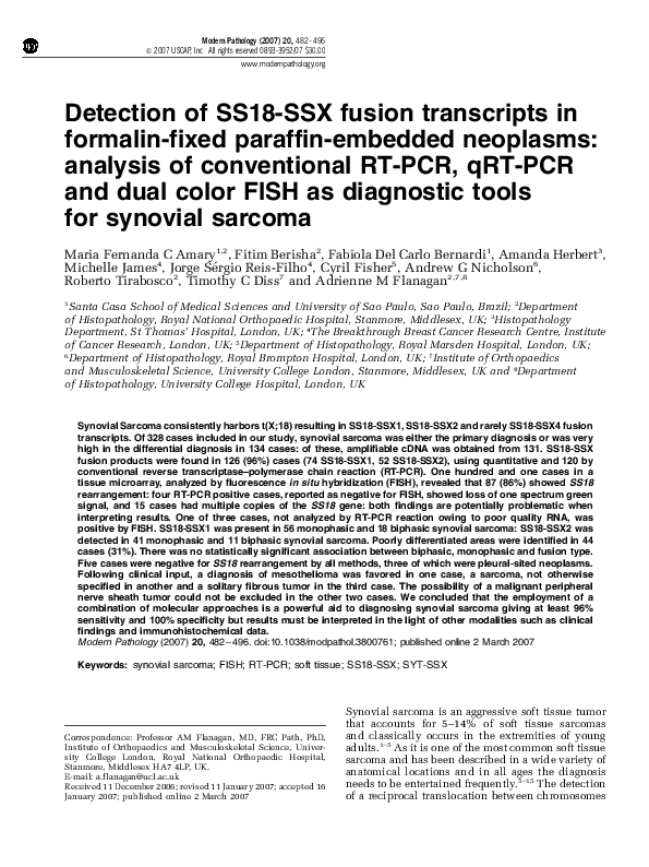 Pdf Detection Of Ss18 Ssx Fusion Transcripts In Formalin Fixed Paraffin Embedded Neoplasms