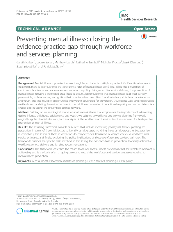 (PDF) Preventing mental illness: closing the evidence-practice gap ...