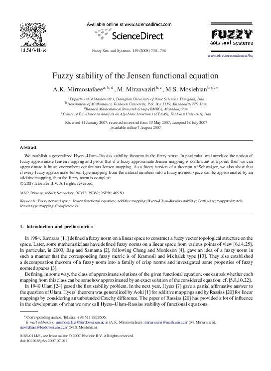 (PDF) Fuzzy stability of the Jensen functional equation