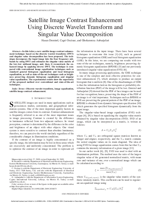 Pdf Satellite Image Contrast Enhancement Using Discrete Wavelet Transform And Singular Value