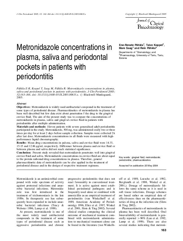 Metronidazole concentrations in plasma, saliva and periodontal pockets ...