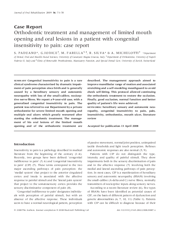 (PDF) Congenital insensitivity to pain - A rare case report | Sita ...