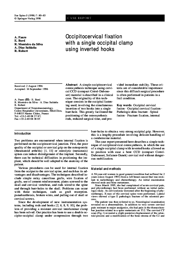 (PDF) Occipitocervical fixation with a single occipital clamp using ...