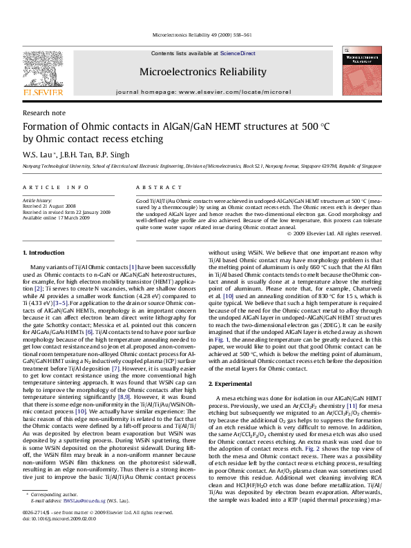 (PDF) Formation of Ohmic contacts in AlGaN/GaN HEMT structures at 500° C by Ohmic contact recess ...