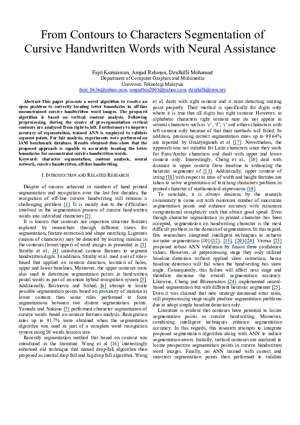 Pdf From Contours To Characters Segmentation Of Cursive Handwritten Words With Neural Assistance