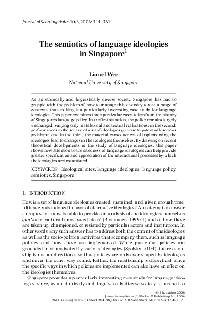 (PDF) The semiotics of language ideologies in Singapore1