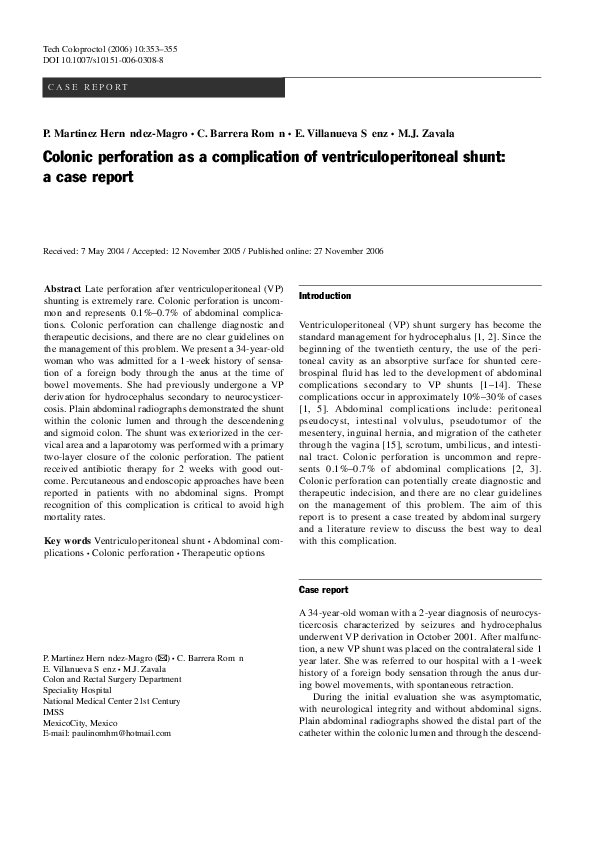 Pdf Colonic Perforation As A Complication Of Ventriculoperitoneal Shunt A Case Report