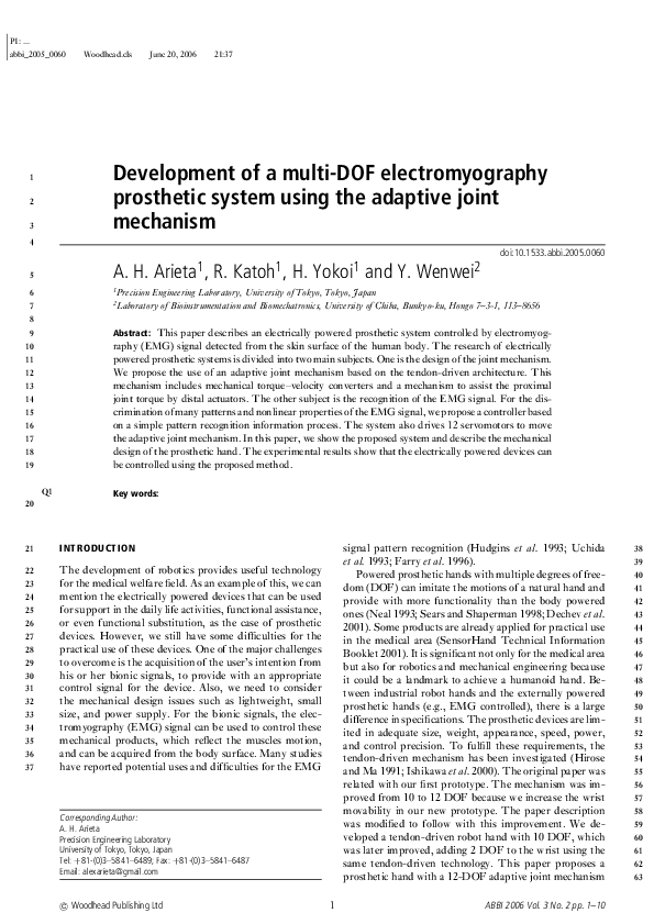 Pdf Development Of A Multi Dof Electromyography Prosthetic System Using The Adaptive Joint