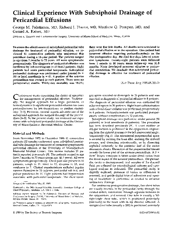 (PDF) Clinical Experience With Subxiphoid Drainage of Pericardial Effusions