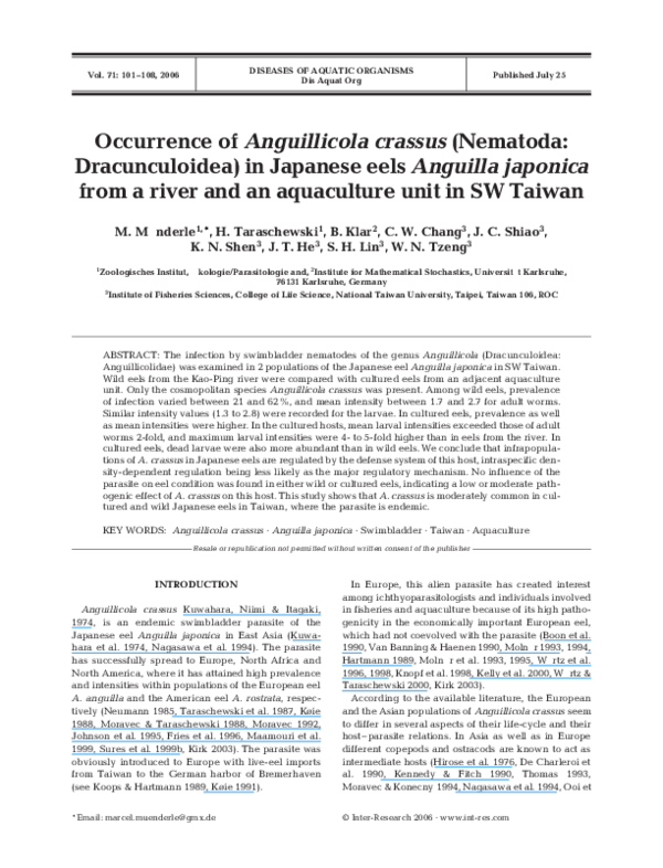 (PDF) Occurrence of Anguillicola crassus (Nematoda: Dracunculoidea) in ...