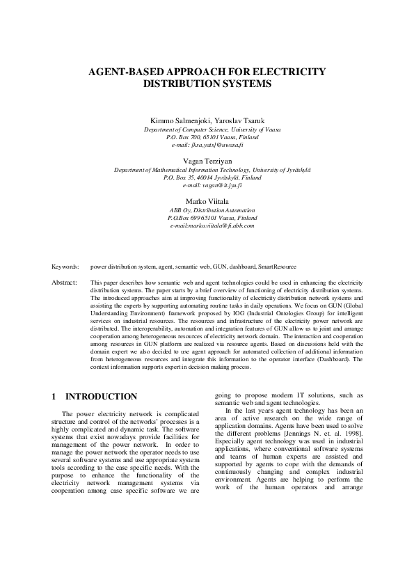 (PDF) Agent-based approach for electricity distribution systems | Yaroslav Tsaruk - Academia.edu