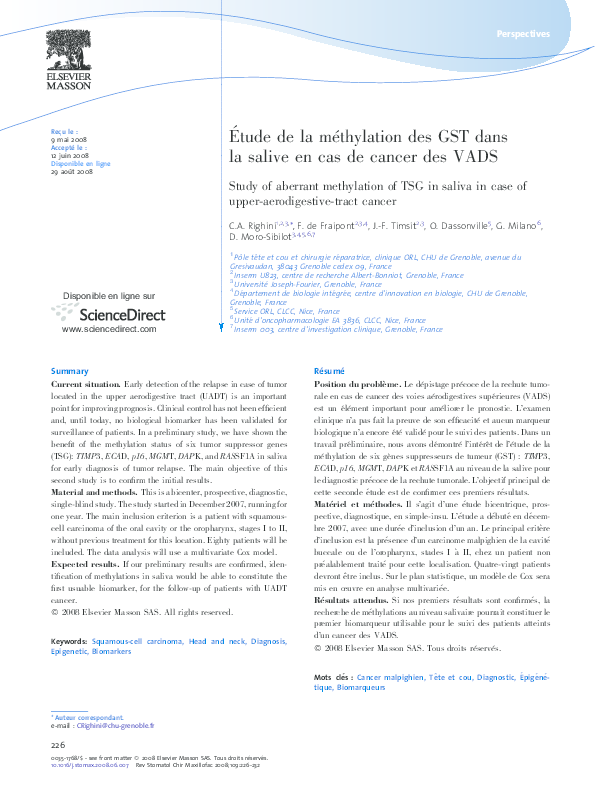 (PDF) Étude de la méthylation des GST dans la salive en cas de cancer ...