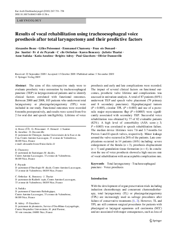 (PDF) Results of vocal rehabilitation using tracheoesophageal voice ...