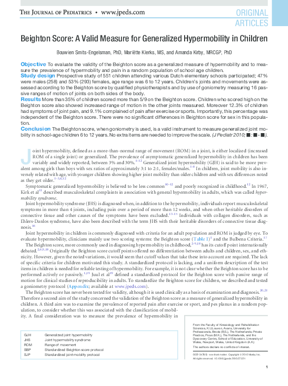 (PDF) Beighton Score: A Valid Measure for Generalized Hypermobility in ...