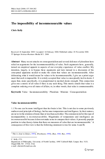 (PDF) The impossibility of incommensurable values
