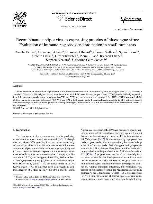 (PDF) Recombinant capripoxviruses expressing proteins of bluetongue ...