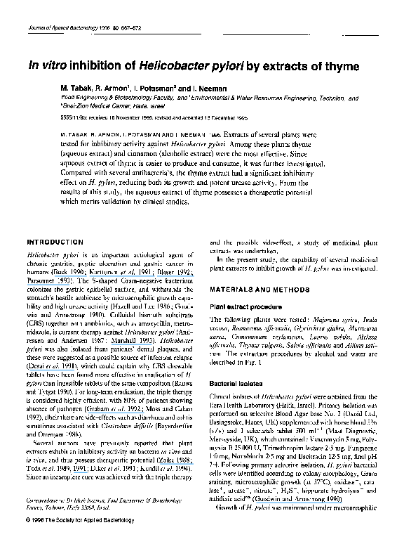 (PDF) In vitro inhibition of Helicobacter pylori by extracts of thyme