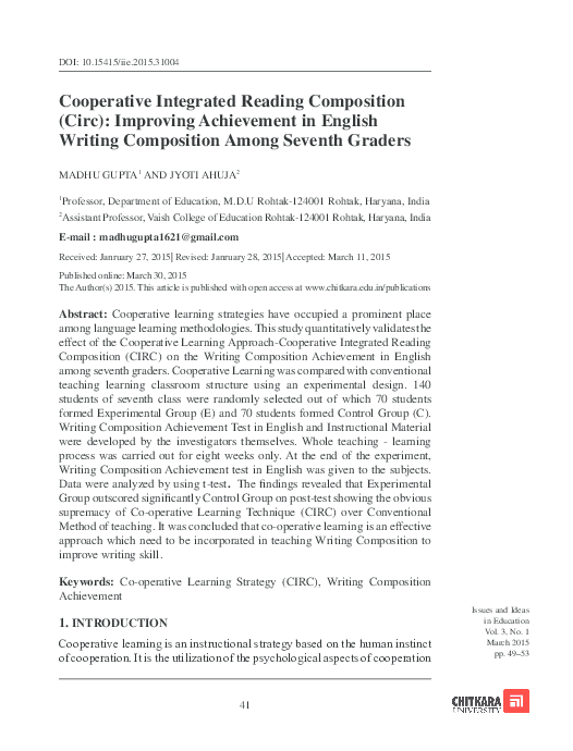(PDF) Cooperative Integrated Reading Composition (Circ): Improving Achievement in READING SKILL