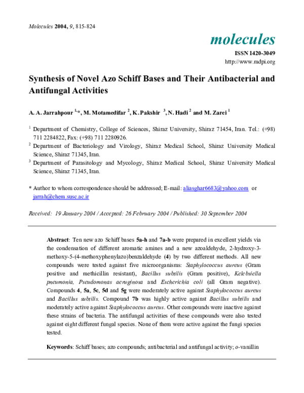 (PDF) Synthesis of Novel Azo Schiff Bases and Their Antibacterial and Antifungal Activities