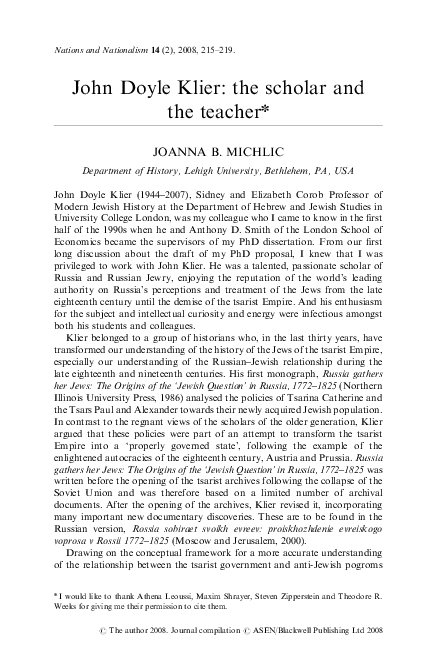 (PDF) John Doyle Klier: the scholar and the teacher