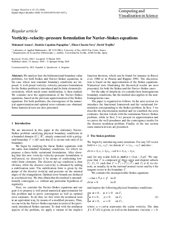 Pdf Vorticity Velocity Pressure Formulation For Navier Stokes Equations