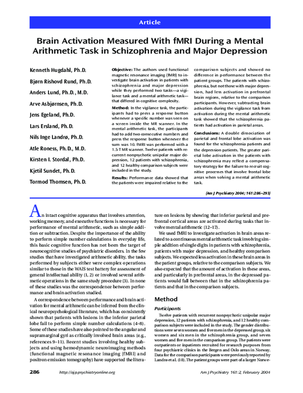 (PDF) Brain Activation Measured With fMRI During a Mental Arithmetic Task in Schizophrenia and ...