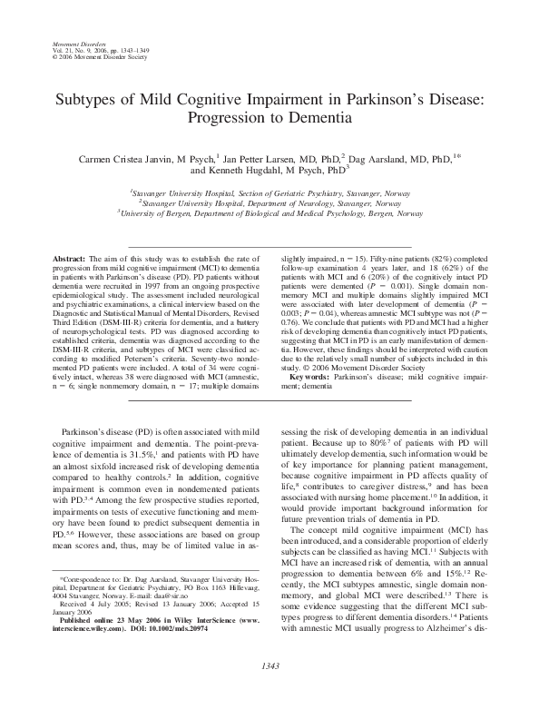 (PDF) Subtypes of mild cognitive impairment in parkinson's disease: Progression to dementia