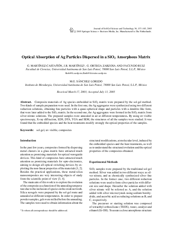 (PDF) Optical Absorption of Ag Particles Dispersed in a SiO 2 Amorphous ...