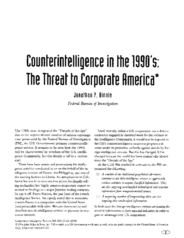 (PDF) Counterintelligence in the 1990's the threat to corporate America